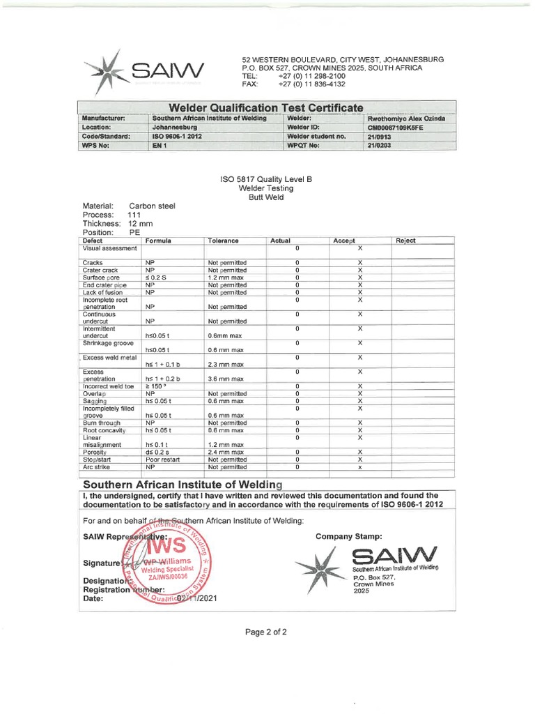 Welder Qualification Certificate | PDF