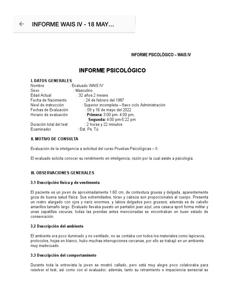 Informe WAIS IV: Resultados y Análisis | PDF | Escala de inteligencia ...