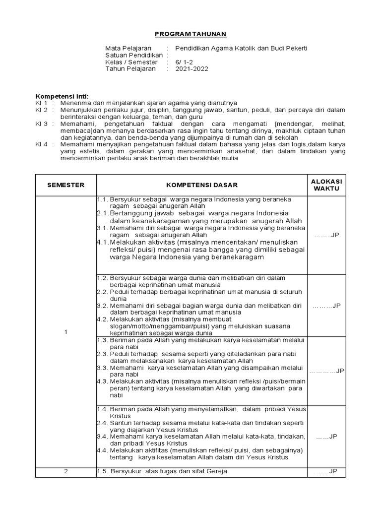 Program Tahunan Agama Katolik Kelas 6 | PDF | Kajian Bahasa Asing