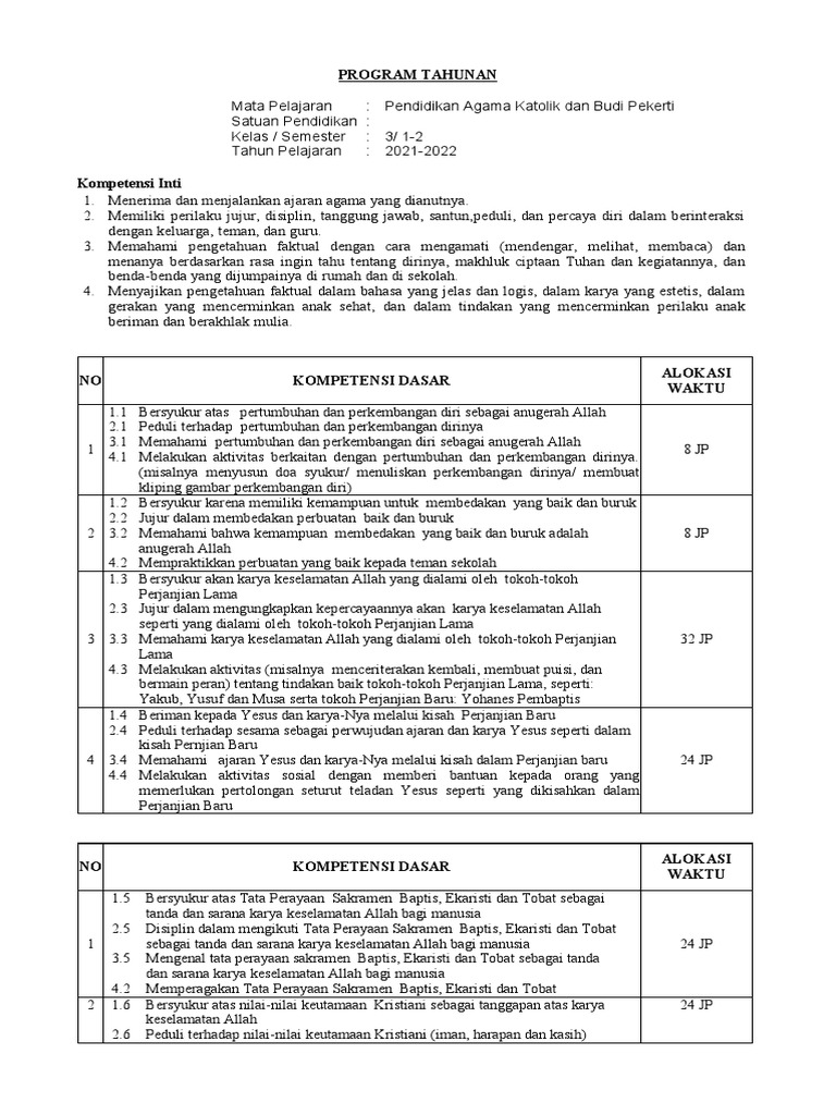 Program Tahunan Agama Katolik Kelas 3 | PDF