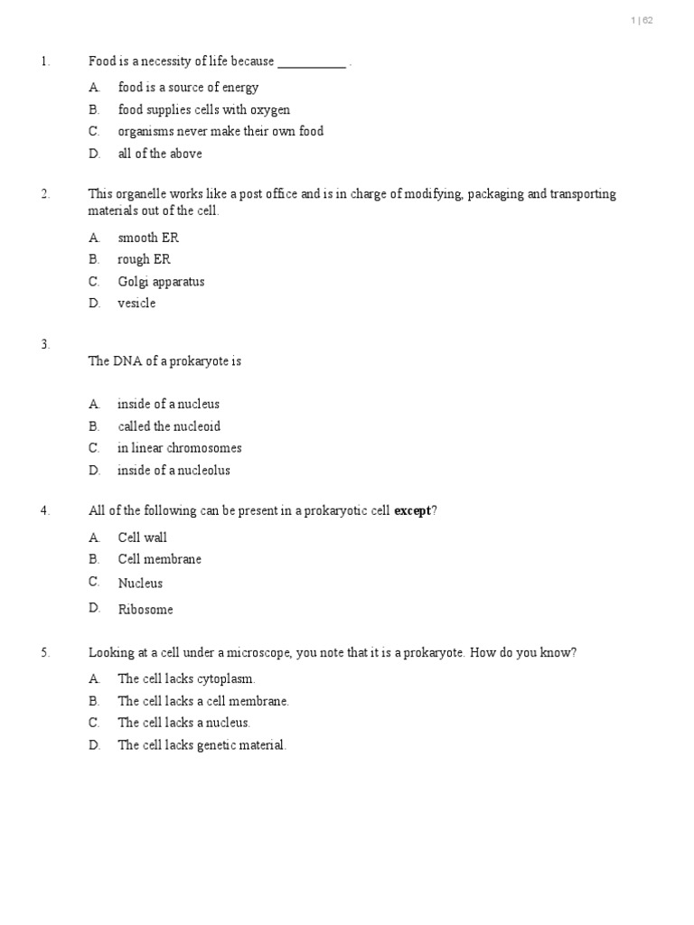 Prokaryotic and Eukaryotic Cell Structure and Function Multiple Choice Questions | PDF | Cell ...