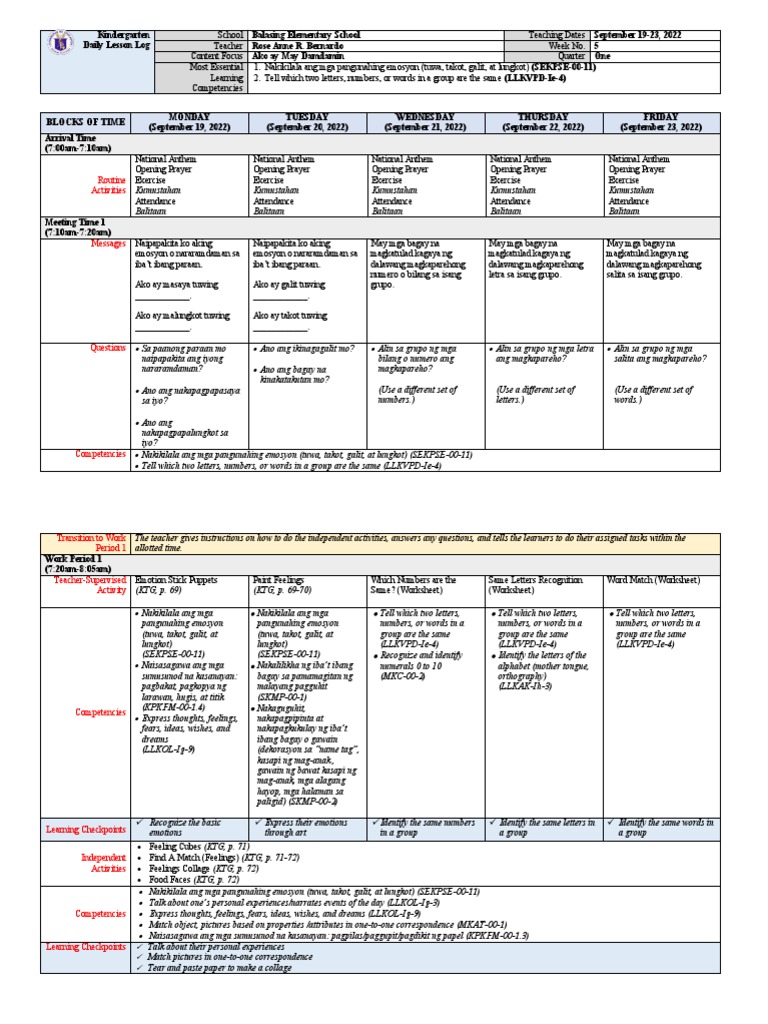 Kindergarten DLL MELC Q1 Week 5 Asf | PDF