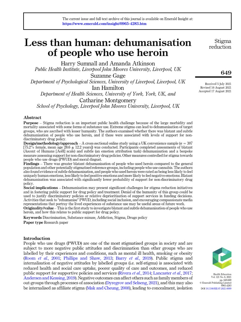 Less Than Human Dehumanisation of People Who Use Heroin | PDF | Disgust ...
