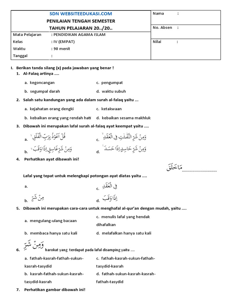 Soal PTS PAI Kelas 4 K-13 | PDF