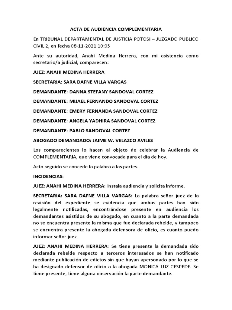 Acta de Audiencia Complementaria | PDF | Posesión (Ley) | Justicia