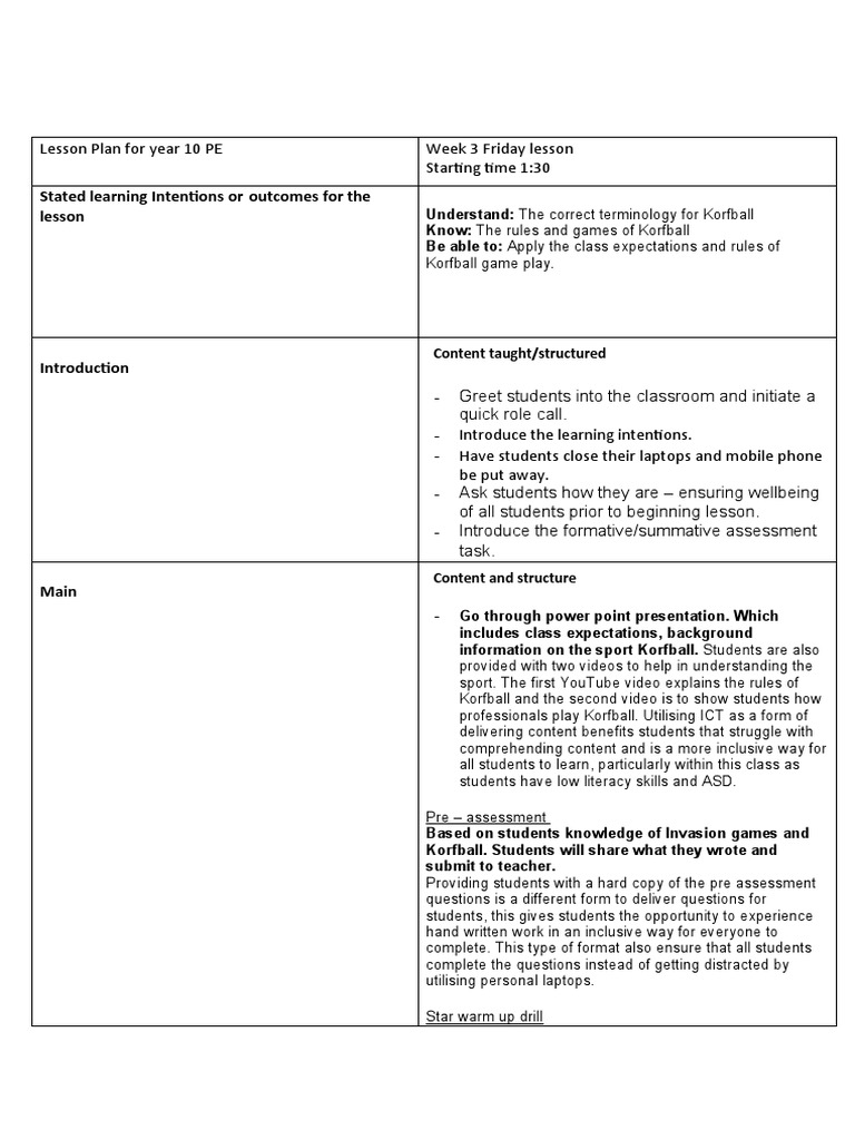 Lesson Plan For Year 10 Pe | PDF | Educational Technology | Lesson Plan