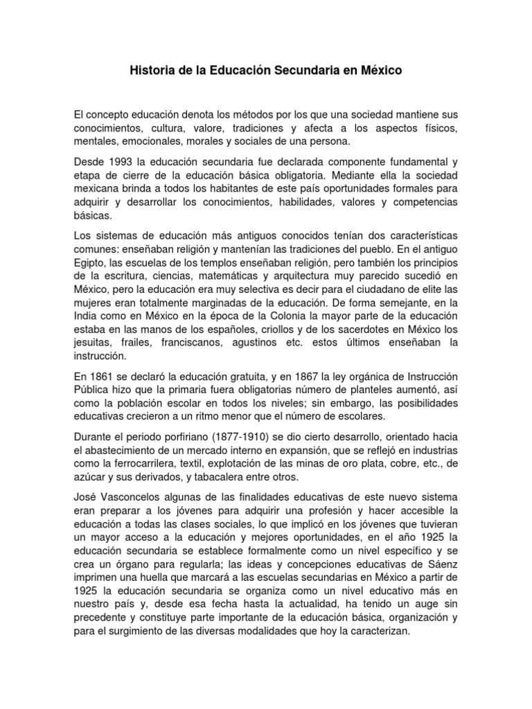 Historia de La Educación Secundaria en México | PDF | Educación ...