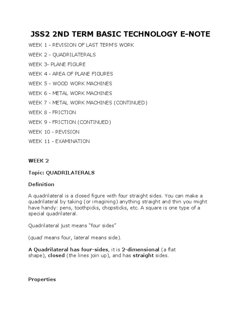 JSS2 Basic Technology Lesson Note PDF 1 | PDF | Friction | Adhesion
