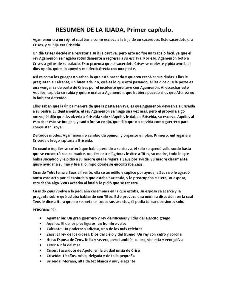 Iliada Resumen Capítulo 1 | PDF | Aquiles | Ilíada