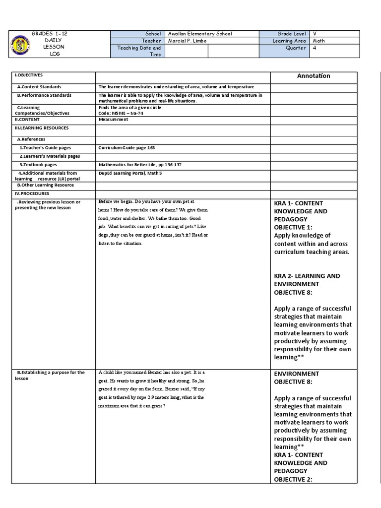Area of a Circle for Grade 5 | PDF | Circle | Learning