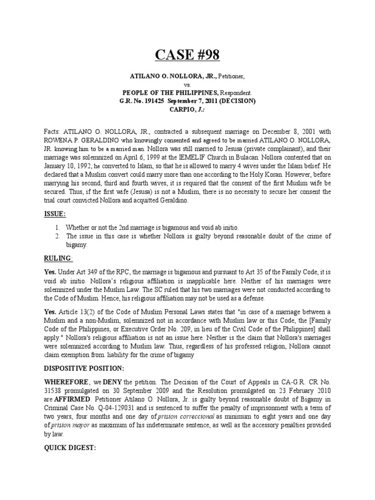 CASE #98 Nollara V Republic 657 SCRA 330 (2011) | PDF | Polygamy | Sharia