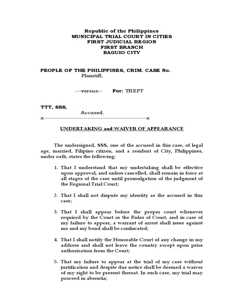 Undertaking and Waiver of Appearance | PDF