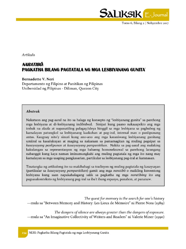 Philippine EJournals - NaratibÔ - Pagkatha Bilang Pagtatala NG Mga Lesbiyanang Gunita | PDF