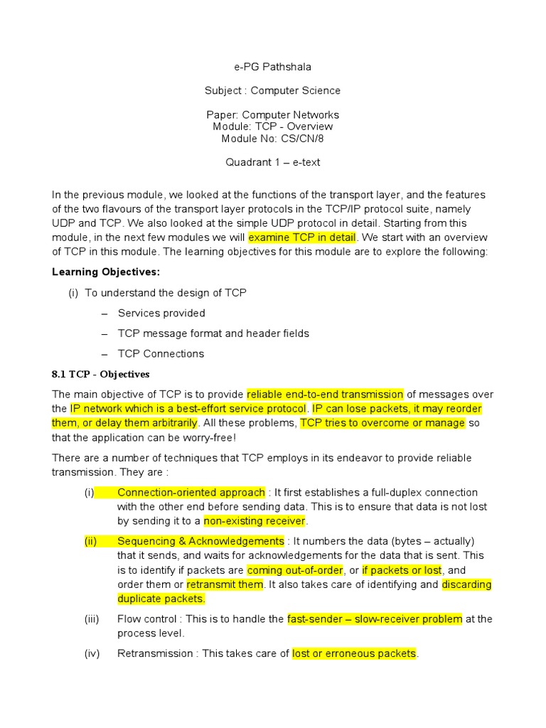 Computernetworks Mod8tcpoverview Q1 Etext Pdf Transmission Control