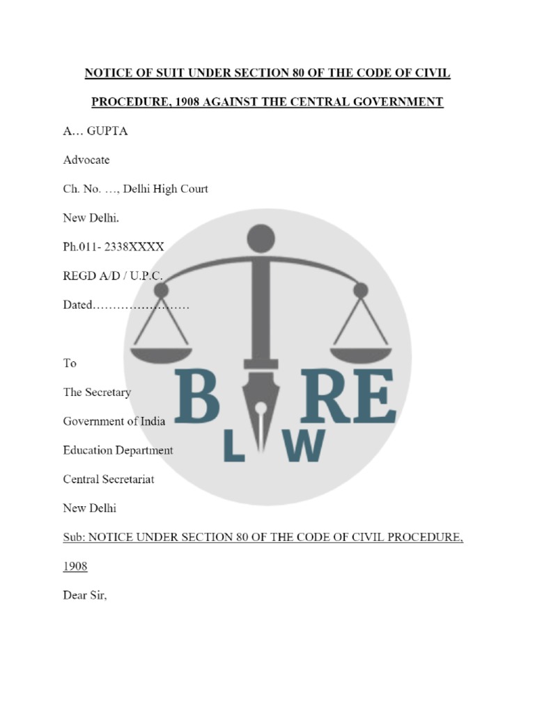 Draft of Notice of Suit Under Section 80 of The Code of Civil Procedure ...