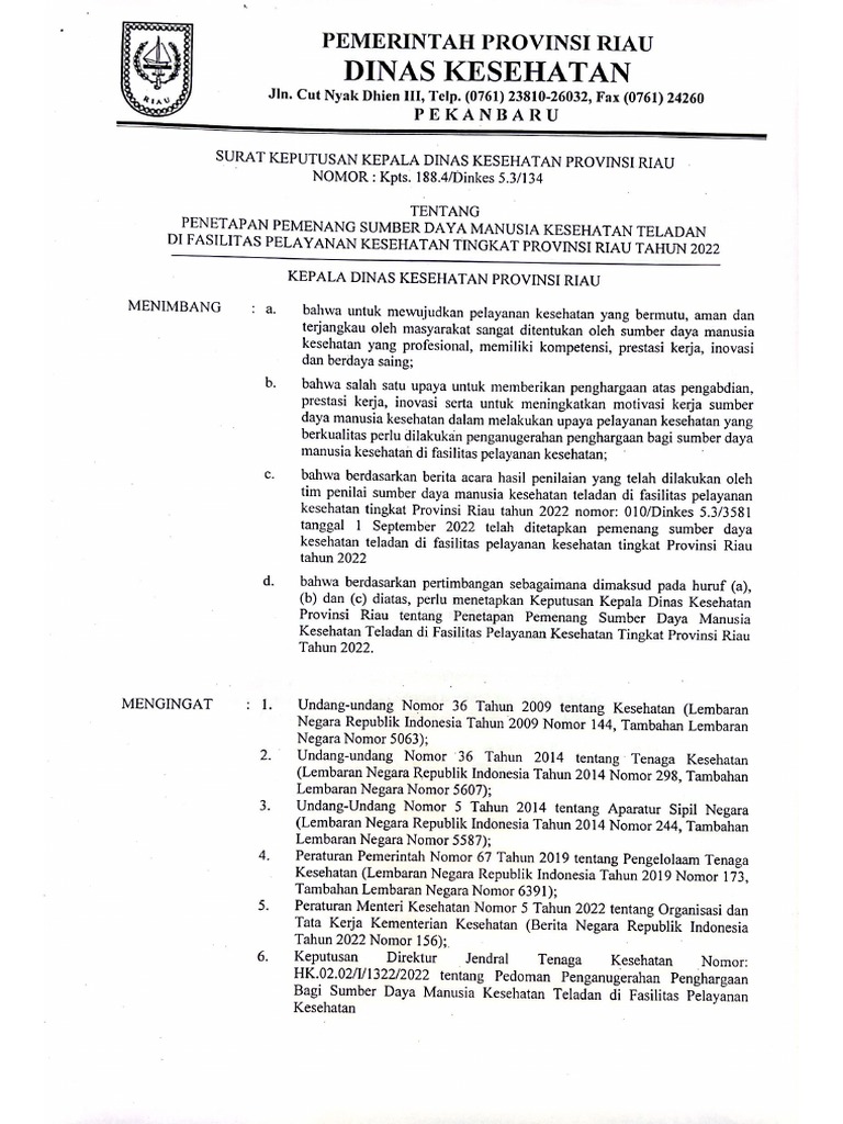 SK SDMK Teladan Riau 2022 (Kadis) | PDF