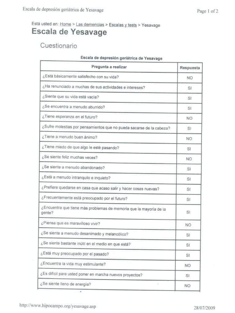 Escala de Yesavage - Dos Versiones | PDF
