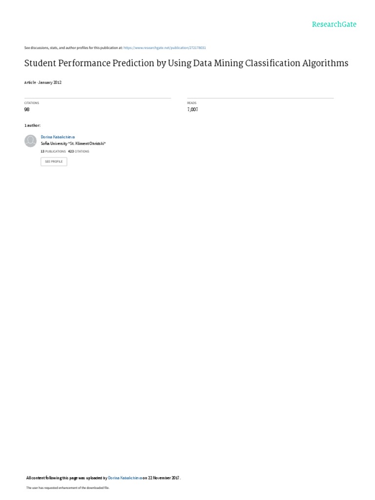 Student Performance Prediction by Using Data Mining Classification Algorithms | PDF ...