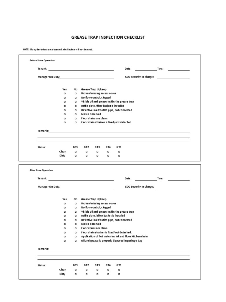 Grease Trap Inspection Checklist Sample | PDF | Hydraulic Engineering | Manufactured Goods