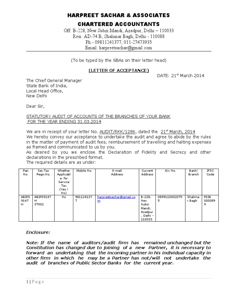 SBI Statutory Audit Acceptance Letter | PDF | Accountant | Audit