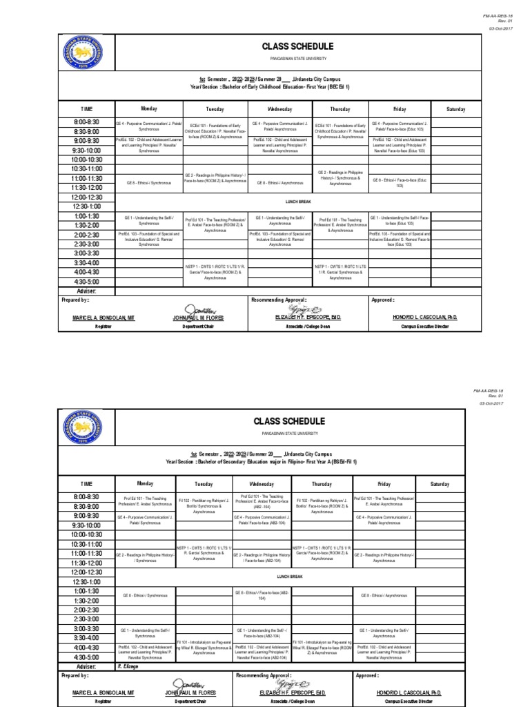 Class Schedule 1st Semester 22 23 | PDF | Early Childhood Education | Academic Term