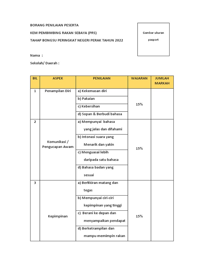 Borang Penilaian Peserta Kem PRS Bongsu 2022 | PDF | Karier & Perkembangan