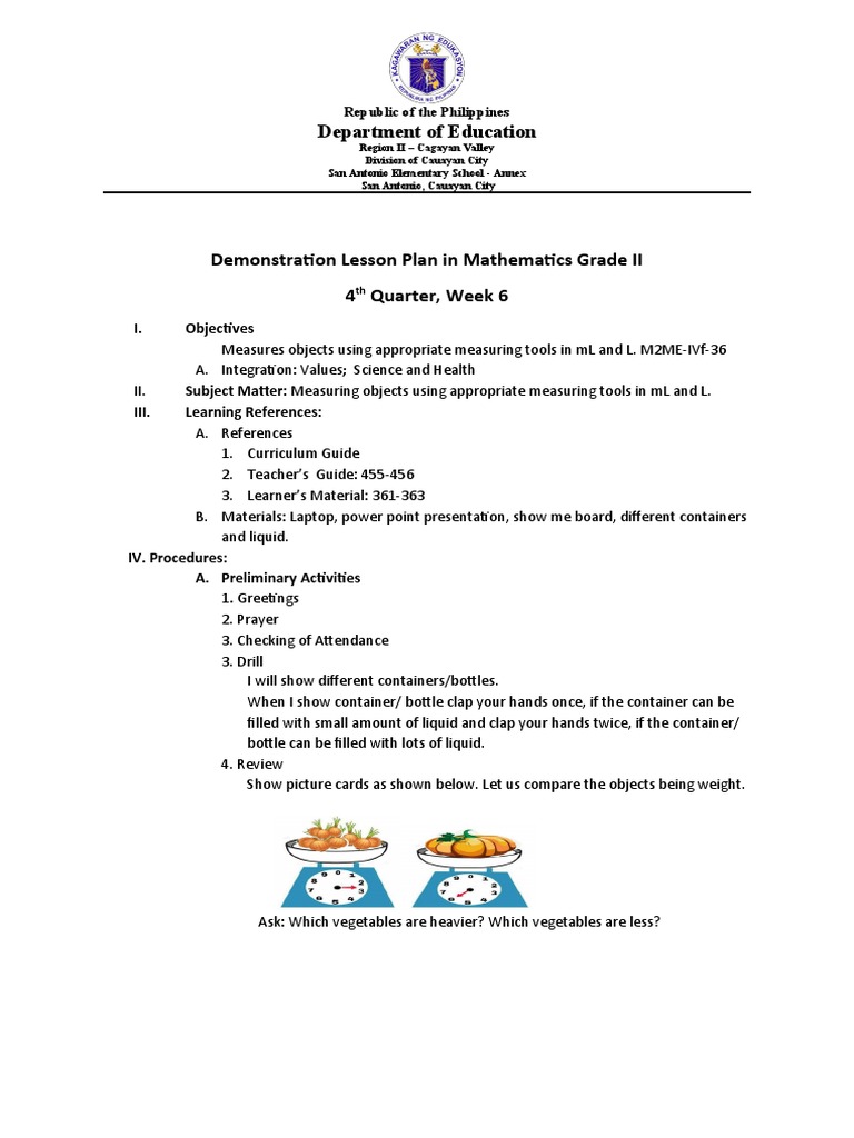 Demonstration Lesson Plan in Mathematics Grade II | PDF | Litre | Water