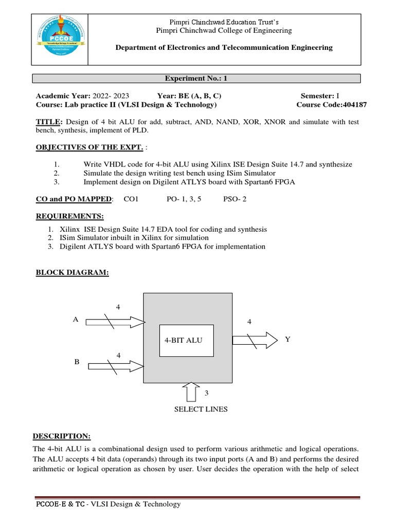 Lab Manual-Exp 1 - ALU Design - 2022-23 | PDF | Vhdl | Logic Synthesis