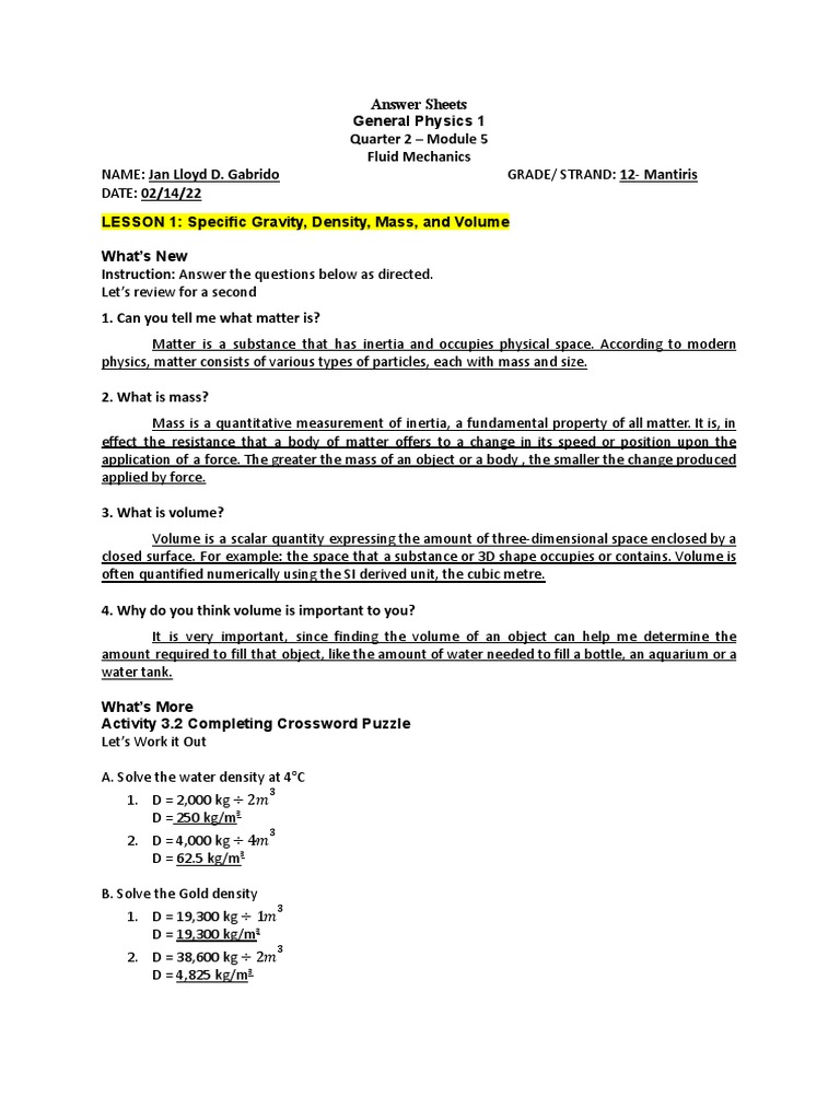 Answer Sheets - GENERAL PHYSICS 1 - Quarter 2 - Module 5 Fluid ...
