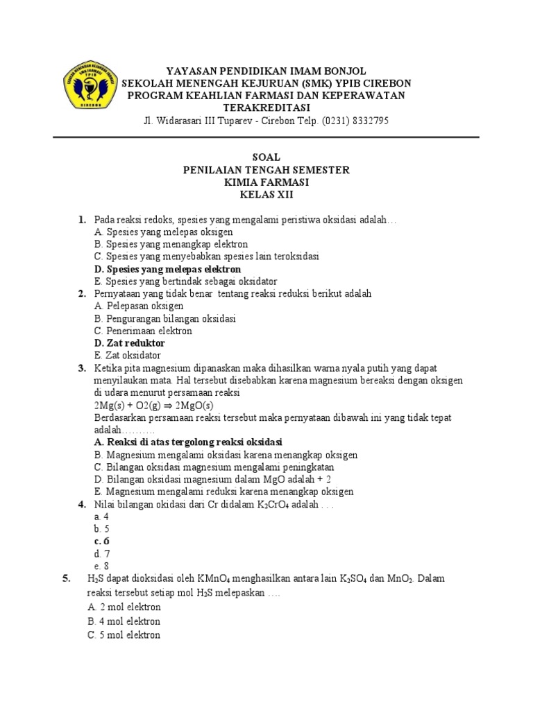 Soal PTS Kimia Farmasi Kelas Xii | PDF | Teknologi & Rekayasa