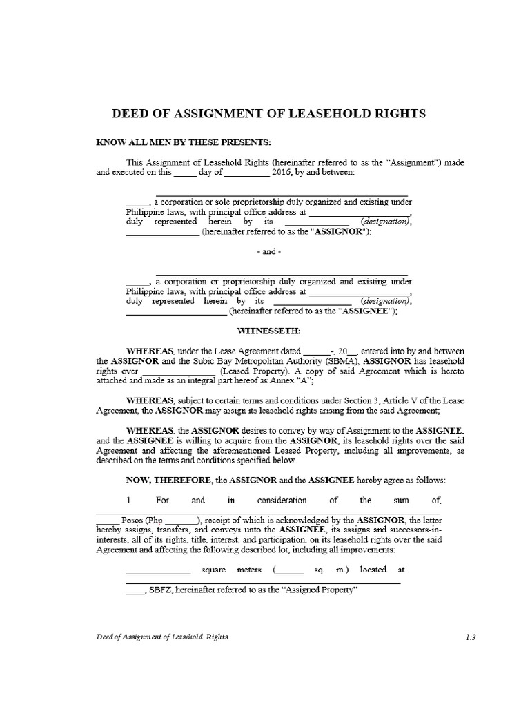 Deed of Assignment of Leasehold Rights (Option A) | PDF