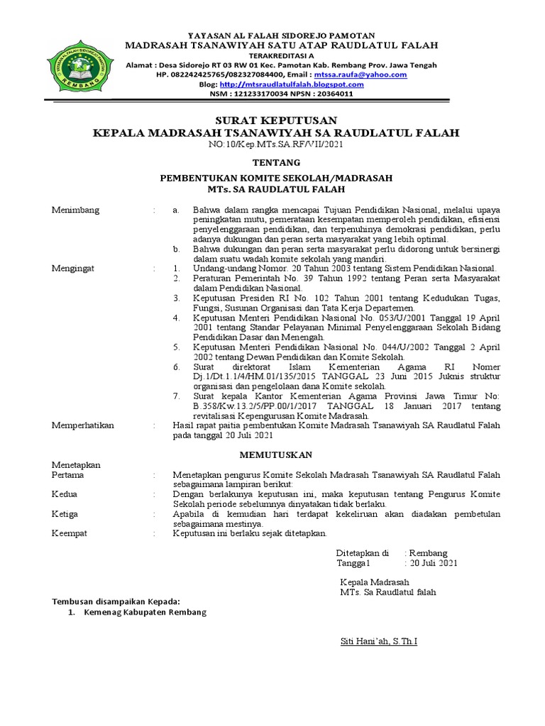 Contoh SK Komite Sekolah | PDF