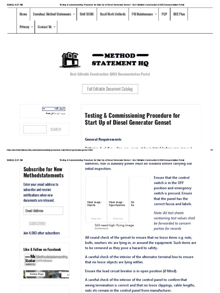 Testing And Commissioning Procedure For Start Up Of Diesel Generator