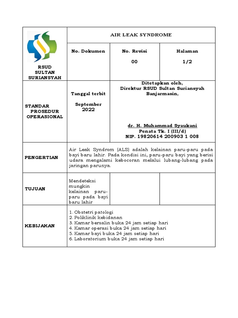 Sop Air Leak Syndrom | PDF