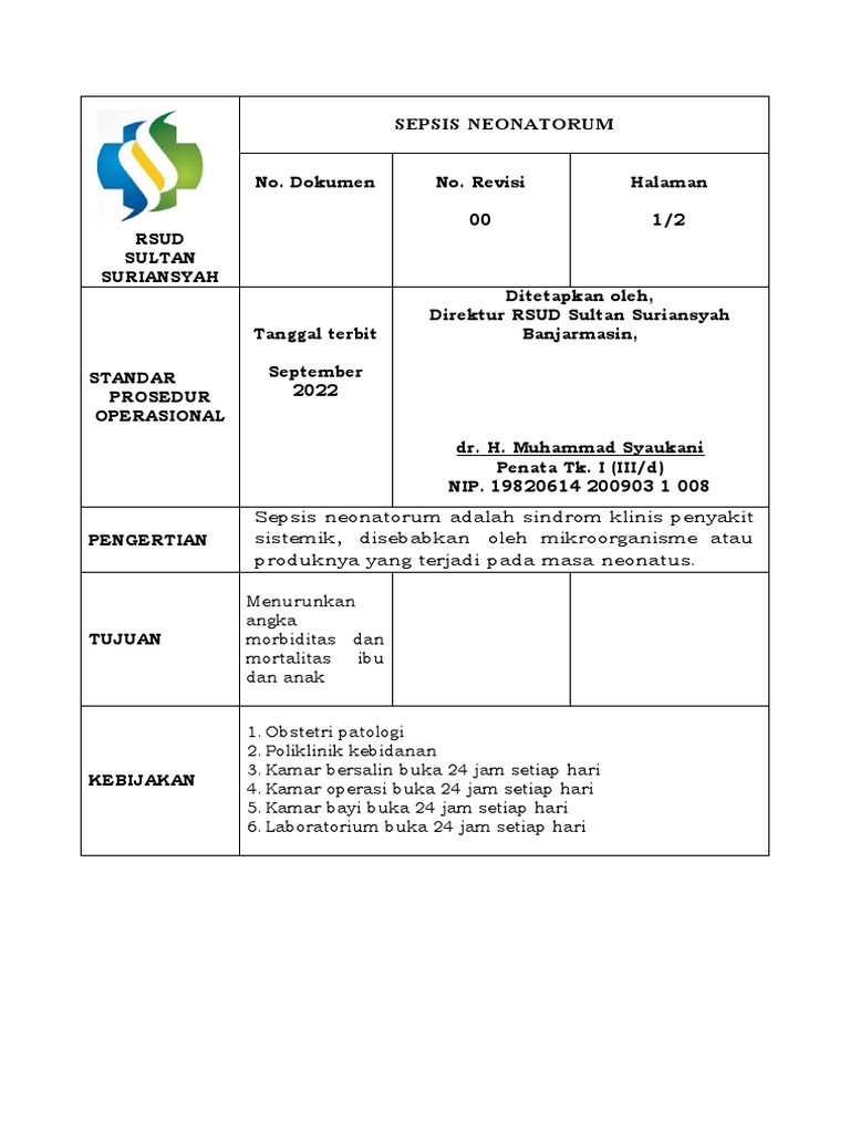 Sop Sepsis Neonatorum | PDF