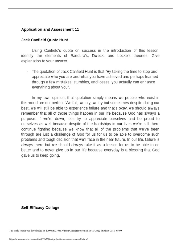 Application and Assessment 11 | PDF | Self Efficacy | Goal Setting