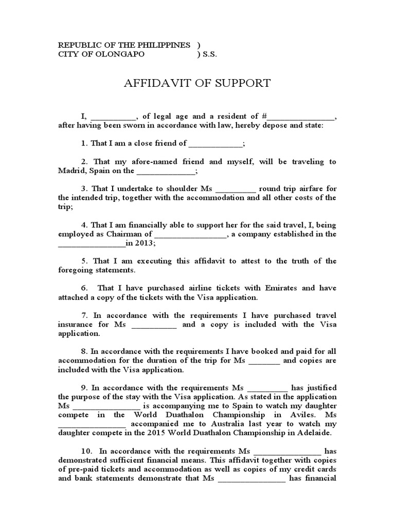 Sample Affidavit of Support | PDF | Affidavit | Service Industries