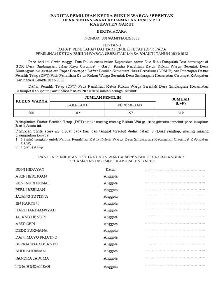 Berita Acara Rapat Penetapan DPT Pemilihan RW | PDF