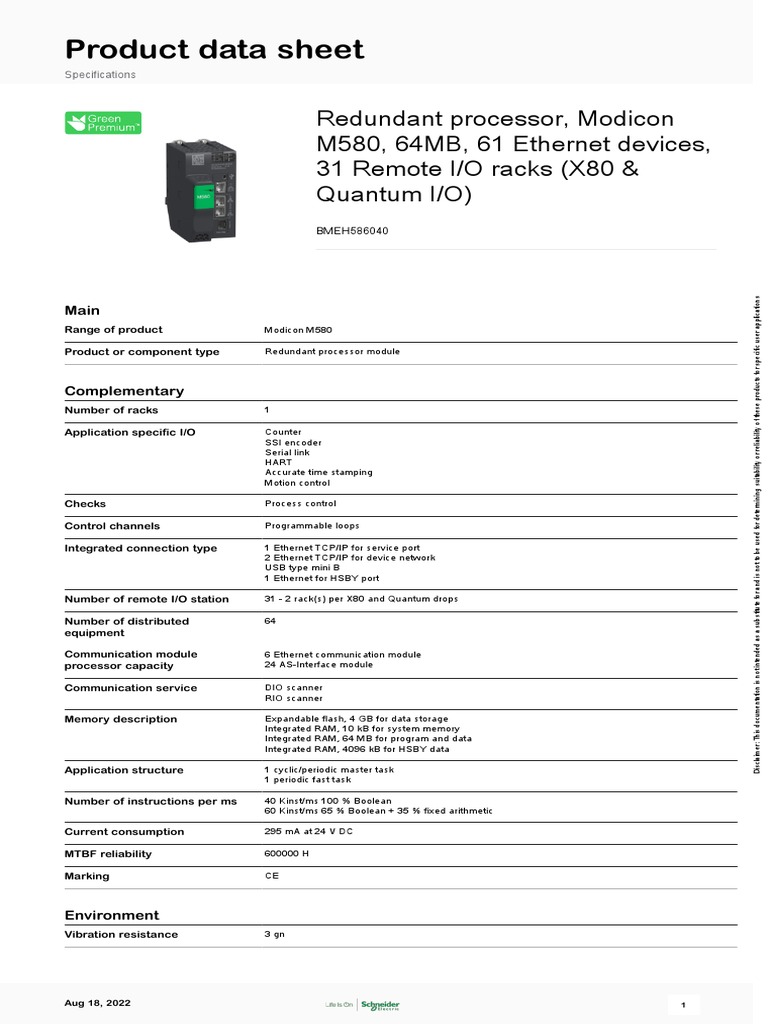 Modicon M580 Processor Specs | PDF | Random Access Memory | Input/Output
