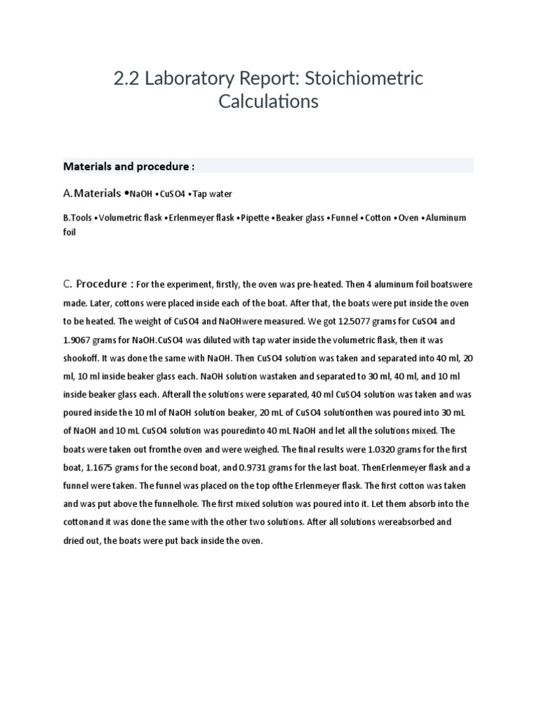 2.2 Laboratory Report - Stoichiometric Calculations | PDF
