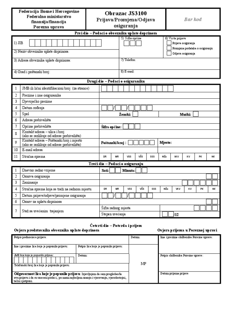 JS3100-PrijavaPromjenaOdjava Osiguranja | PDF