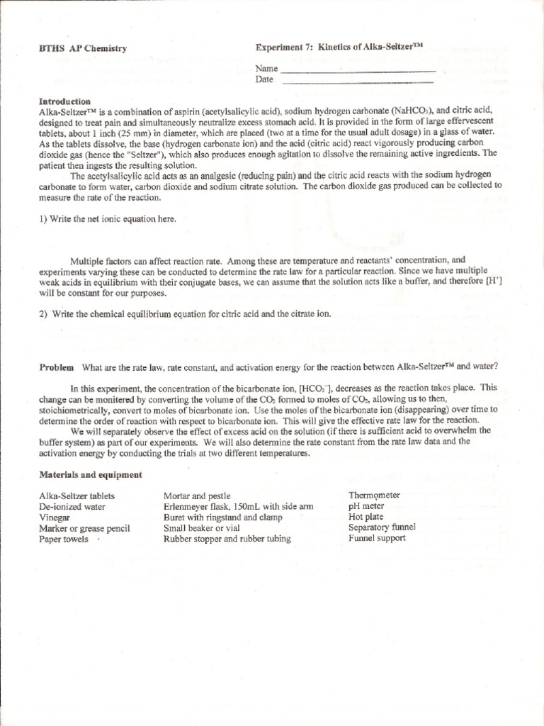 Lab 8 - Kinetics of Alka-Seltzer | PDF | Acid | Chemical Equilibrium