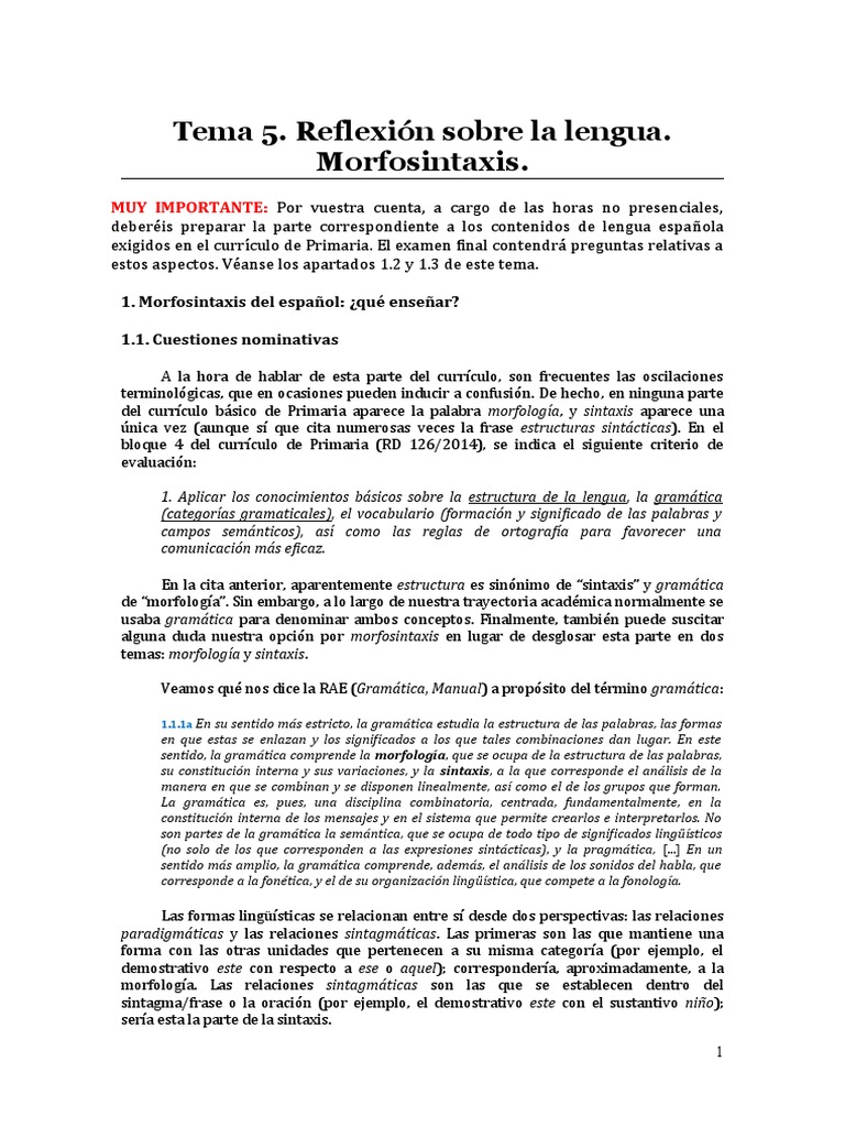 Tema 5. Reflexión Sobre La Lengua. Morfosintaxis. | PDF | Oración (Lingüística) | Verbo