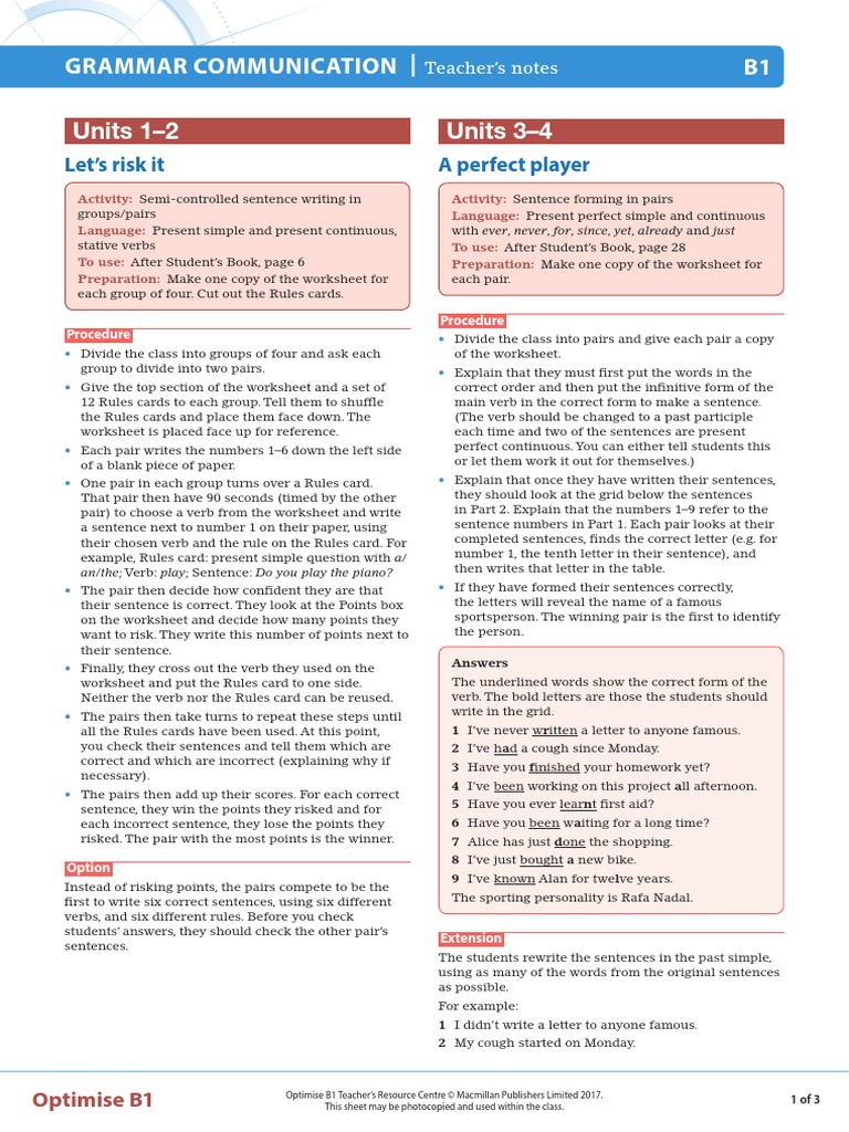 OPT B1 GramCom Units1-2 TN | PDF | Verb | Cognitive Science