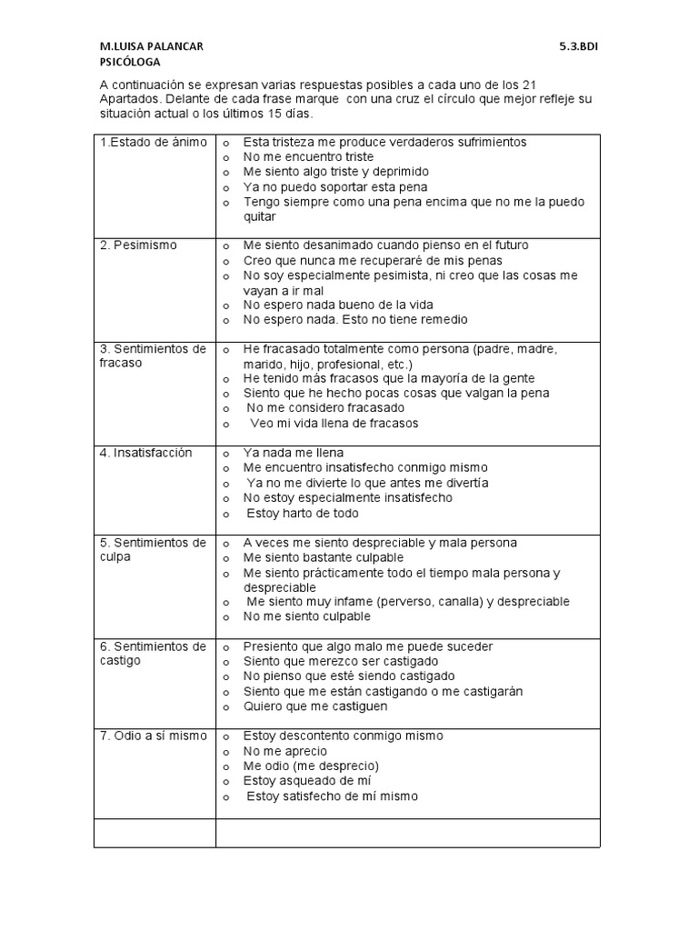 Depresión Beck 3 Pag | PDF | Dormir