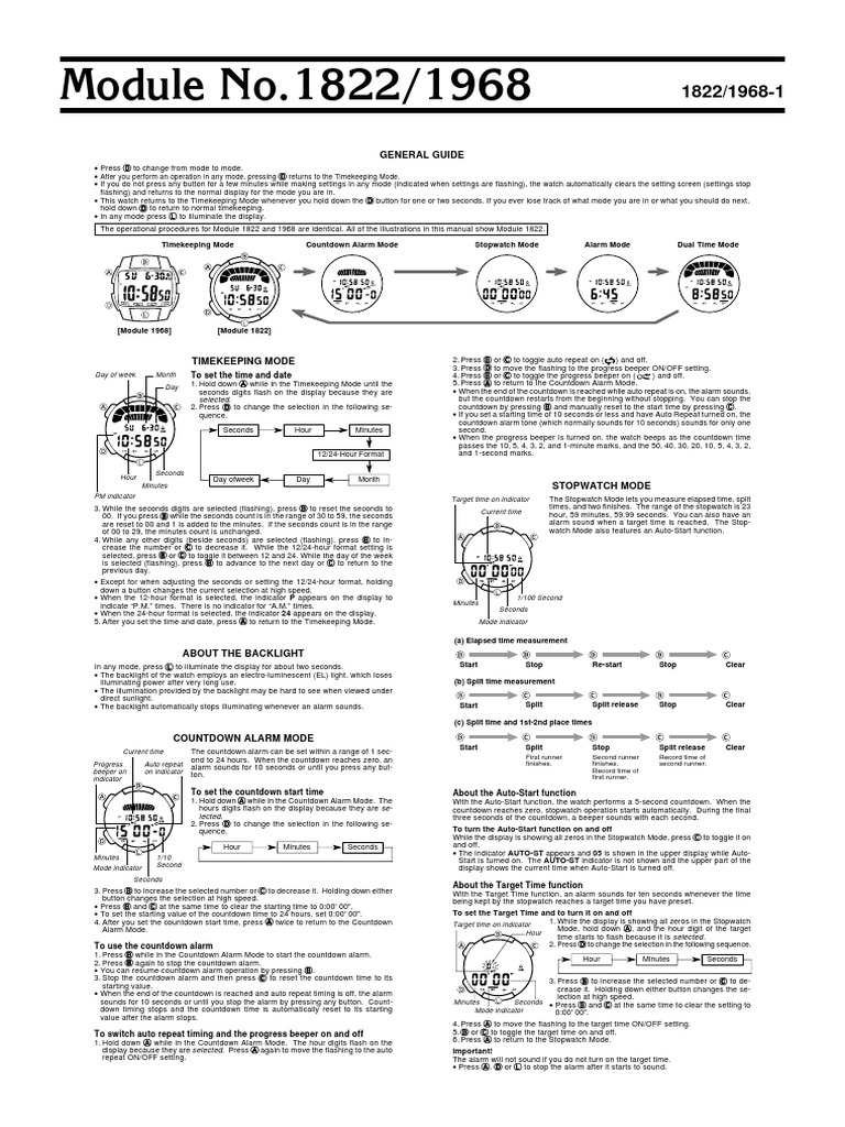 Guide to Operation Modes and Features of Casio Watch Modules 1822 and ...