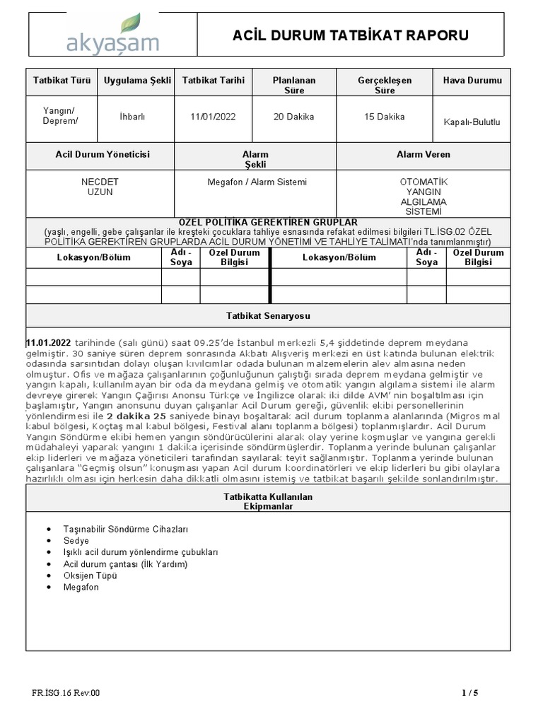 FR.İSG.16 Acil Durum Tatbikat Raporu | PDF