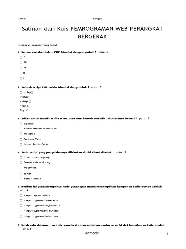 Kuis Pemrograman Web Bergerak PHP | PDF | Karier & Perkembangan | Bisnis