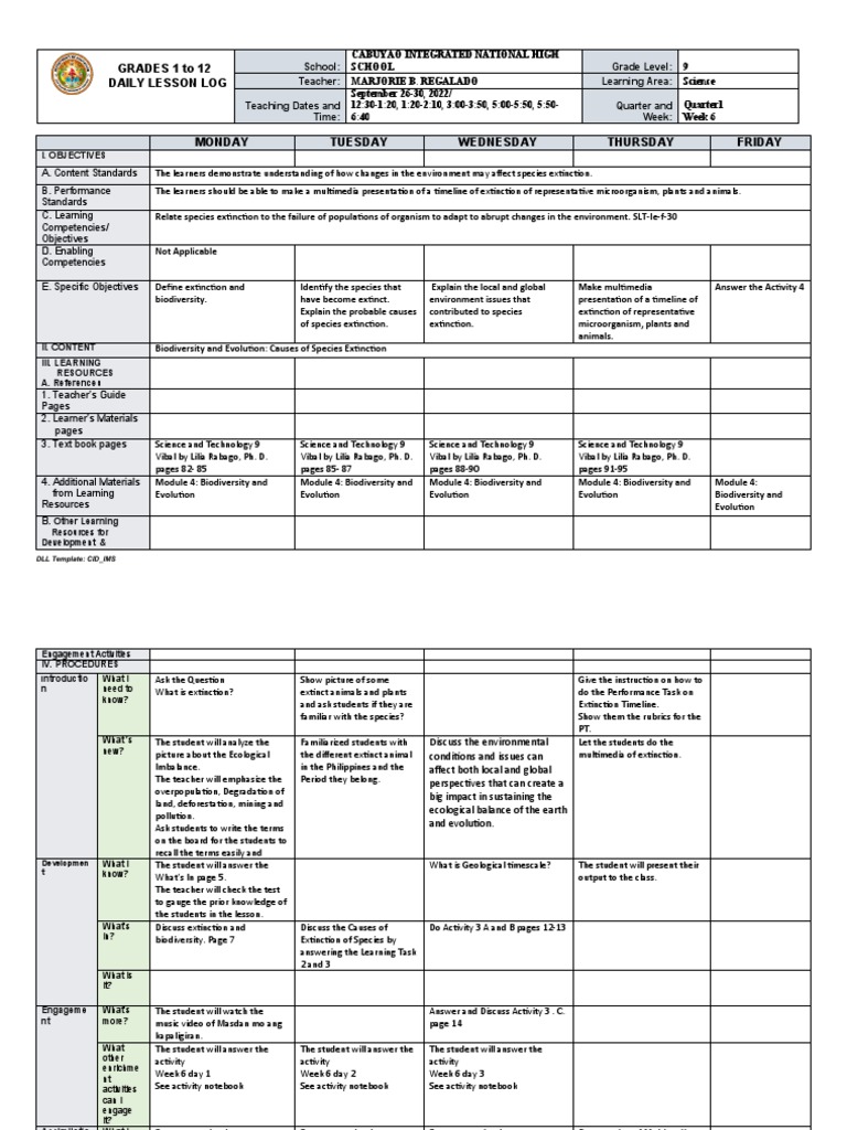 Science 9 DLL Q1 W6 | PDF | Biodiversity | Extinction