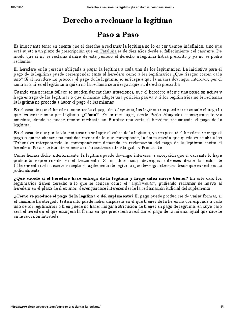 Derecho A Reclamar La Legítima ¡Te Contamos Cómo Reclamar! | PDF | Herencia | Estatuto de ...